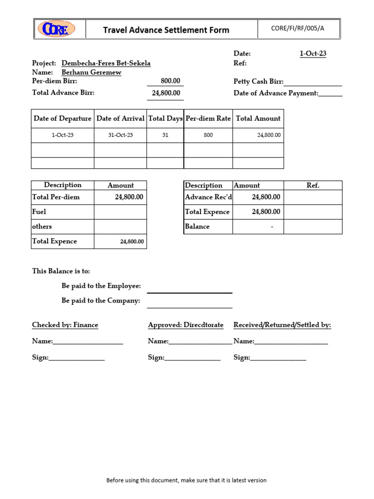 Travel Advance Settlement Form | PDF