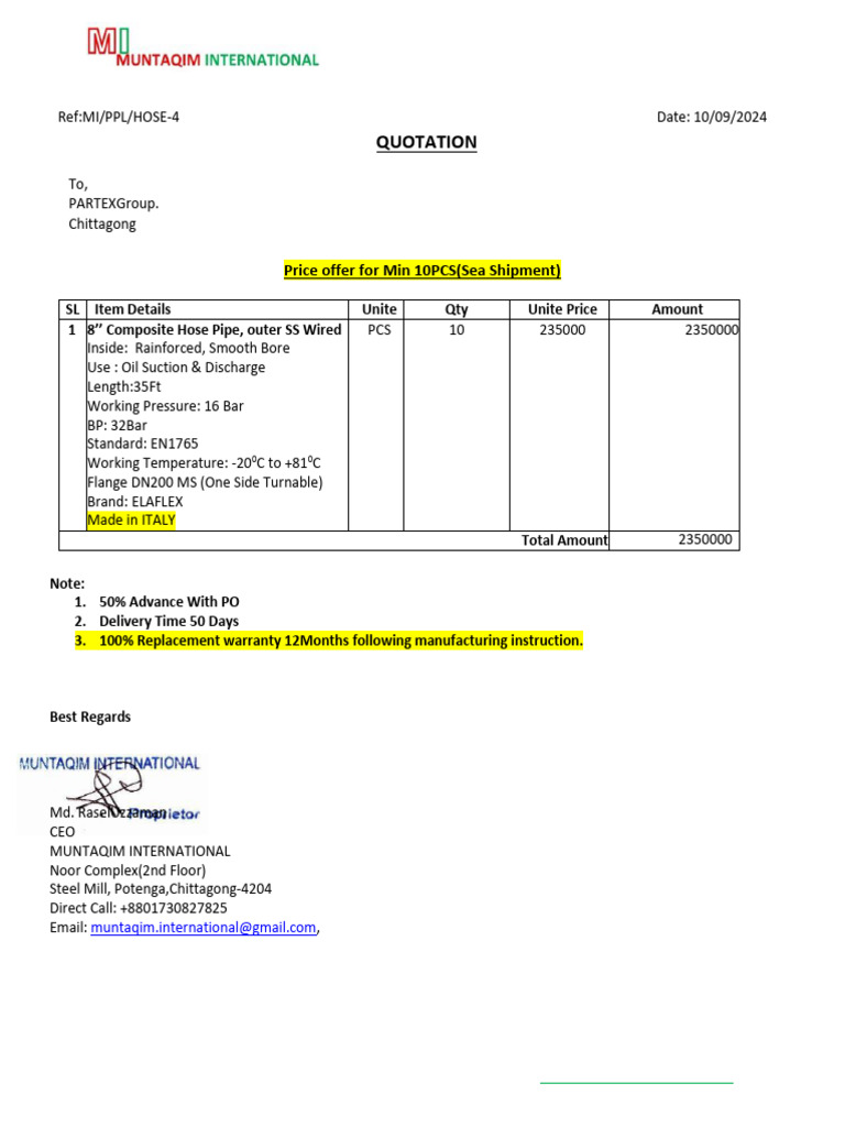 Quotation Hose Pipe 8inch Sea Shipment | PDF
