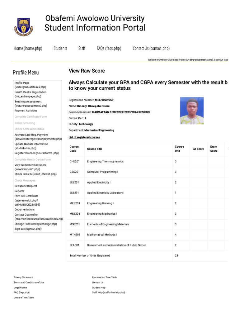 Obafemi Awolowo University - View Score (4) | PDF