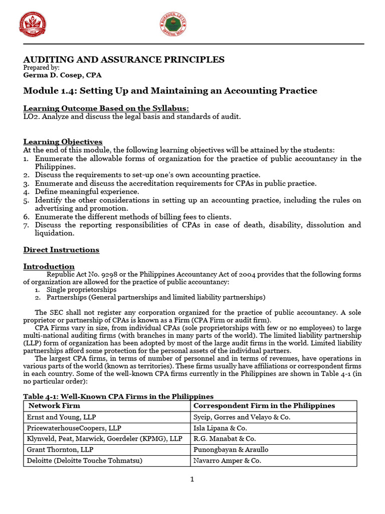 Auditing and Assurance Principles Prelims Module 1.4 | PDF | Certified Public Accountant | Audit