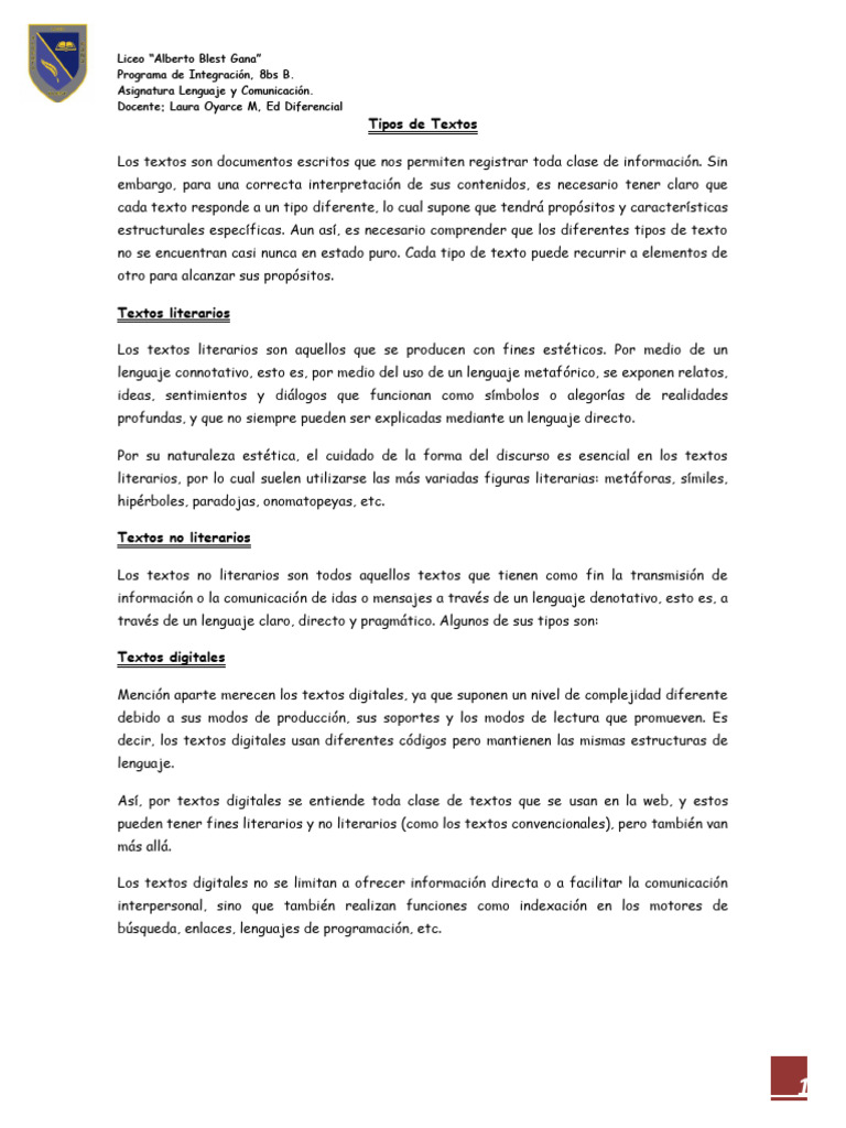 Tipos de Textos 8ºB 13-08 | PDF | Comunicación | Metáfora