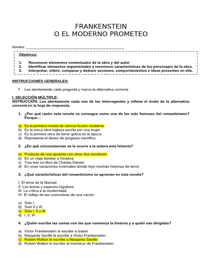 Cuestionario sobre "Frankenstein" | PDF | Frankenstein