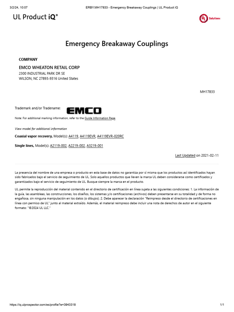 Acoplamientos de Emergencia Emco Wheaton | PDF