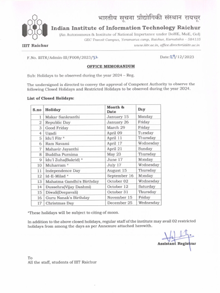 Holidays - List - 2024 IIIt Raichur | PDF