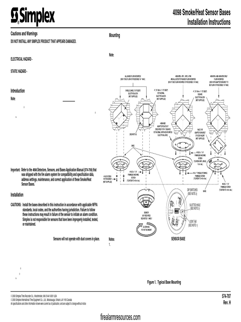 Simplex 4098 Smoke Heat Sensor Bases Installation Instructions ...