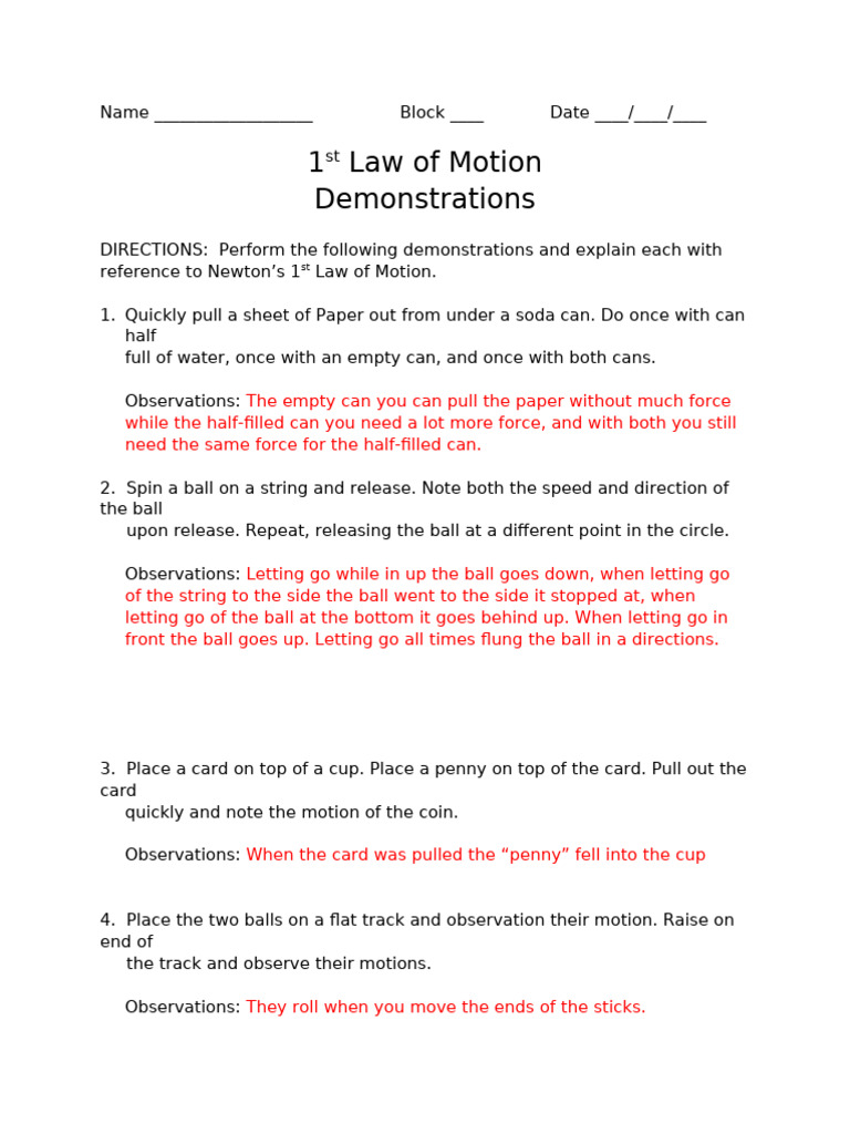 1st Law of Motion Demonstrations | PDF