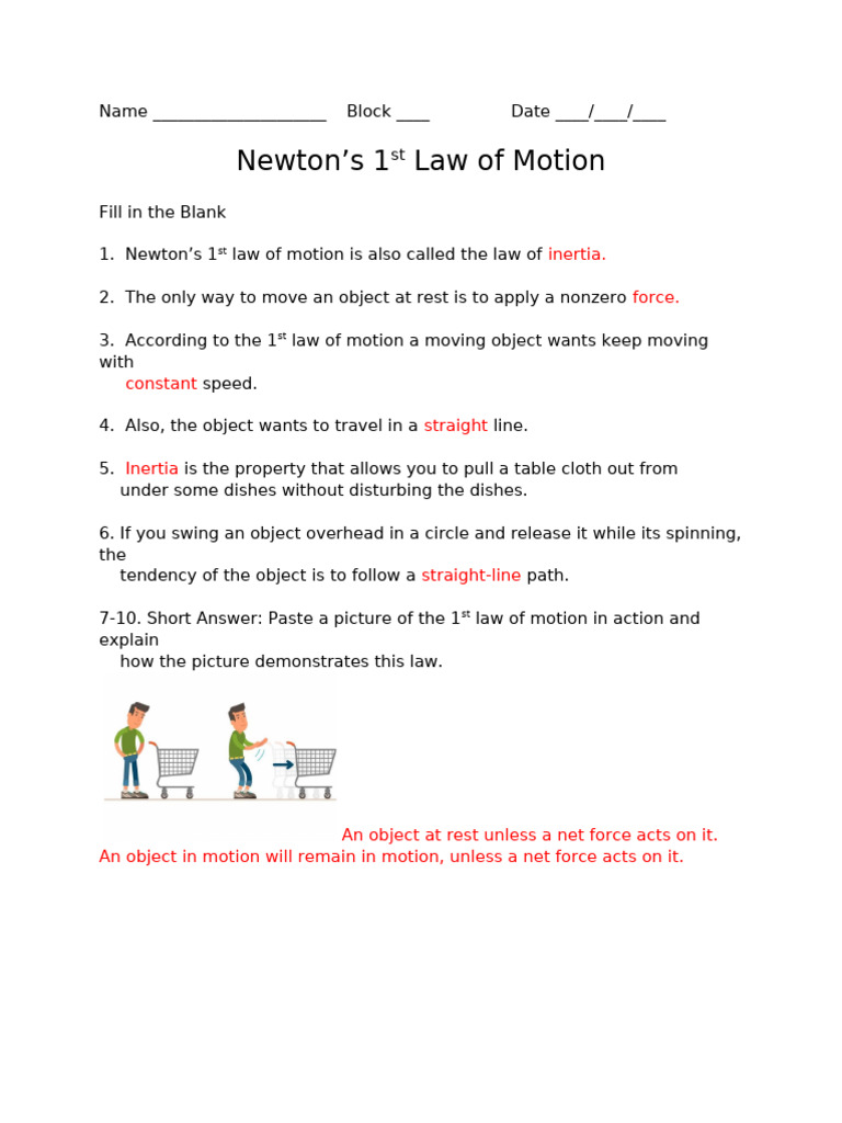 1st Law of Motion Worksheet | PDF
