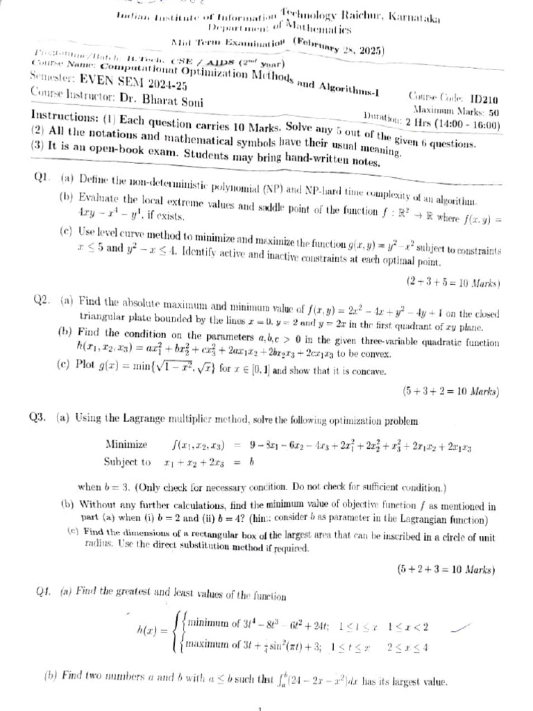 ID210 MID SEM, Computational Optimization Methods and Algorithms I | PDF