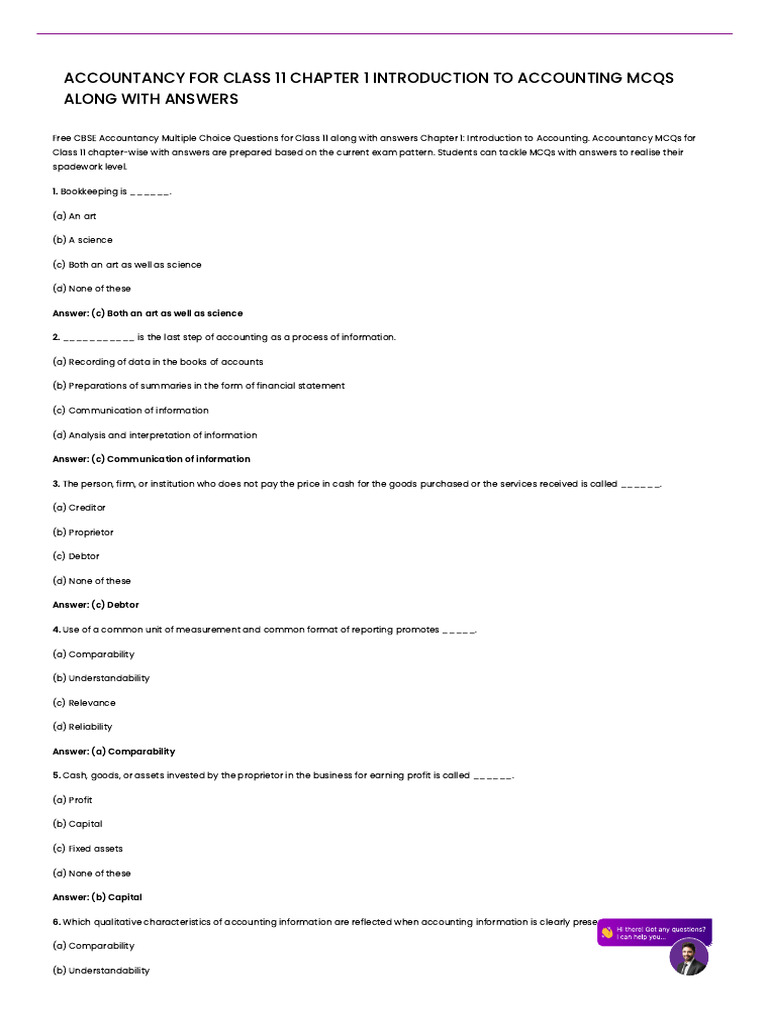 Class 11 Accountancy MCQs: Chapter 1 | PDF | Multiple Choice | Bookkeeping