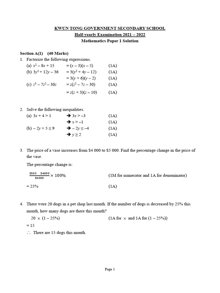 2021 - 2022 F3 Mathematics HY Examination Paper 1 Solution | PDF | Inequality (Mathematics) | Area
