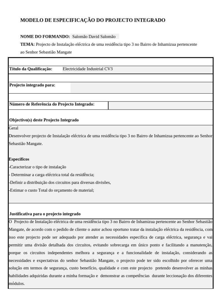 Modelo Especificacao Do Projecto Integrado Salomao David | PDF