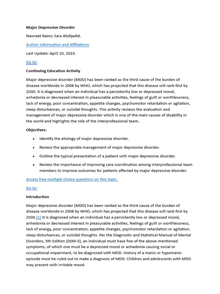 Major Depression Disorder | PDF | Major Depressive Disorder ...