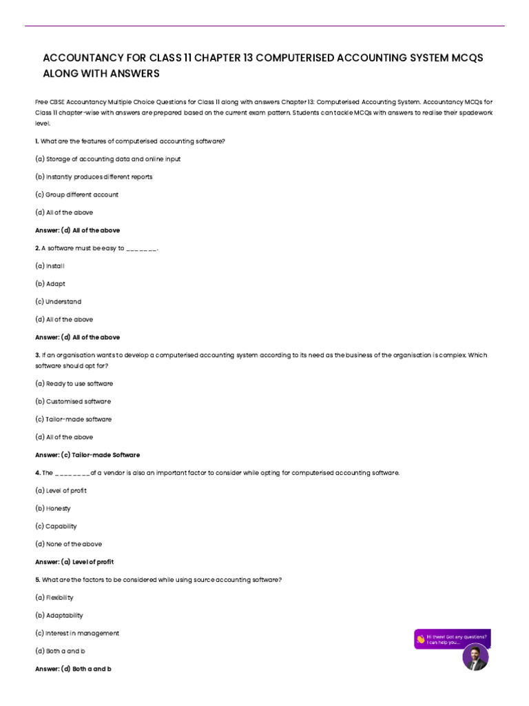 MCQs for Accountancy Class 11 Chapter 13 - Computerised Accounting ...