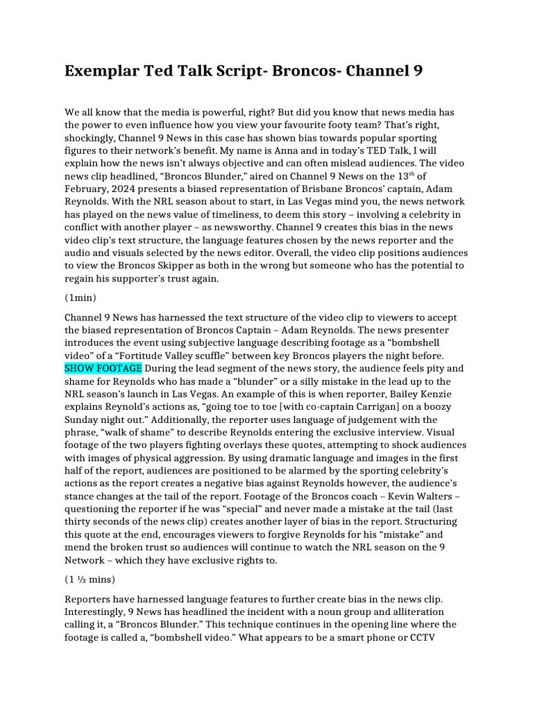 Exemplar Ted Talk Script | PDF | News