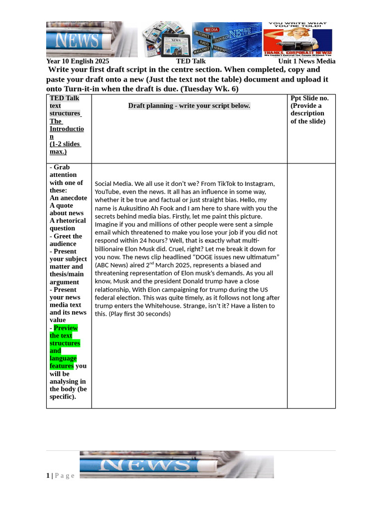 Yr 10 Eng TT News Media Script Template | PDF | English Language | Verb
