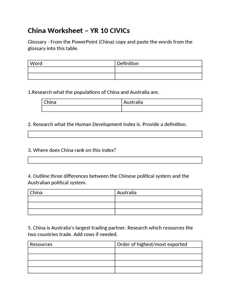 Year 10 China Civic Worksheet | PDF