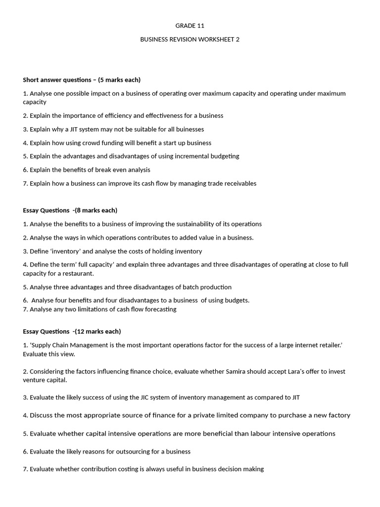 Business Revision Question Worksheet 2 | PDF