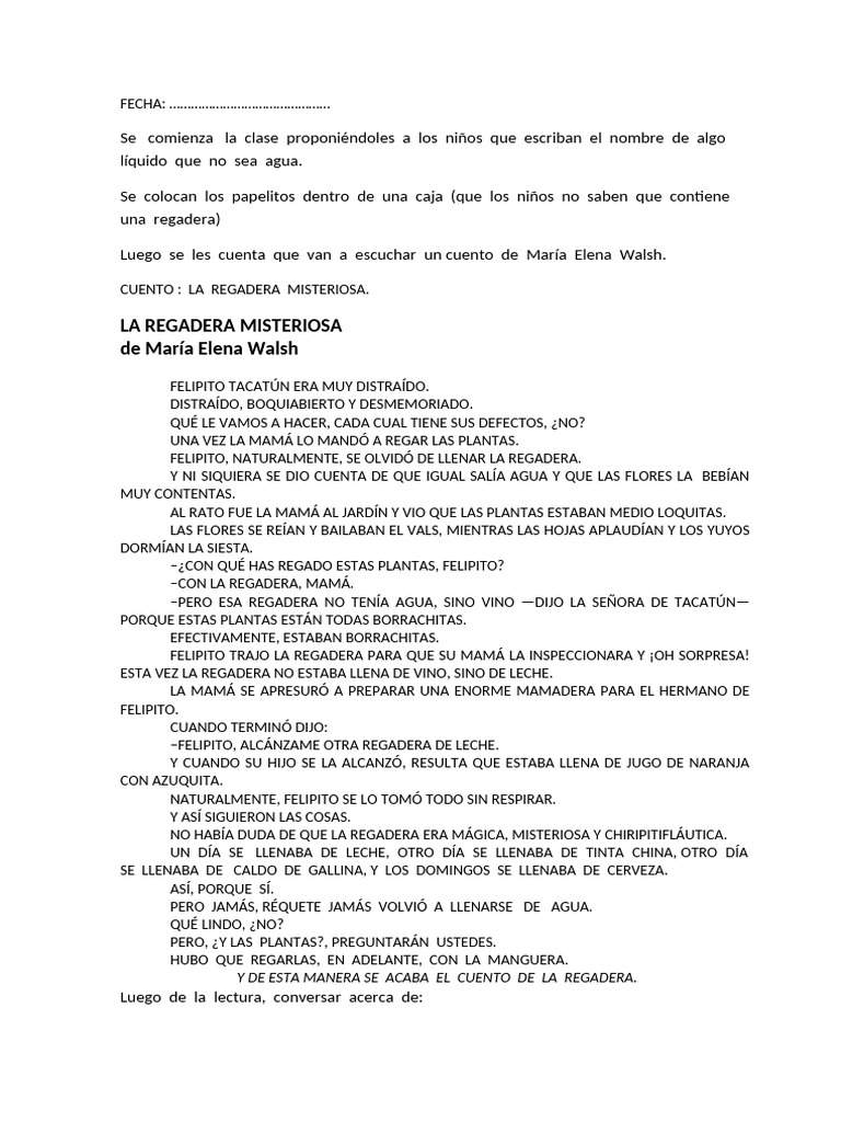 Actividades sobre "La Regadera Misteriosa" | PDF