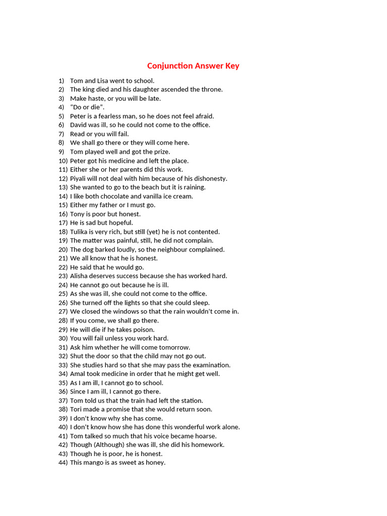 Conjunction Ws Answer Key Tution | PDF