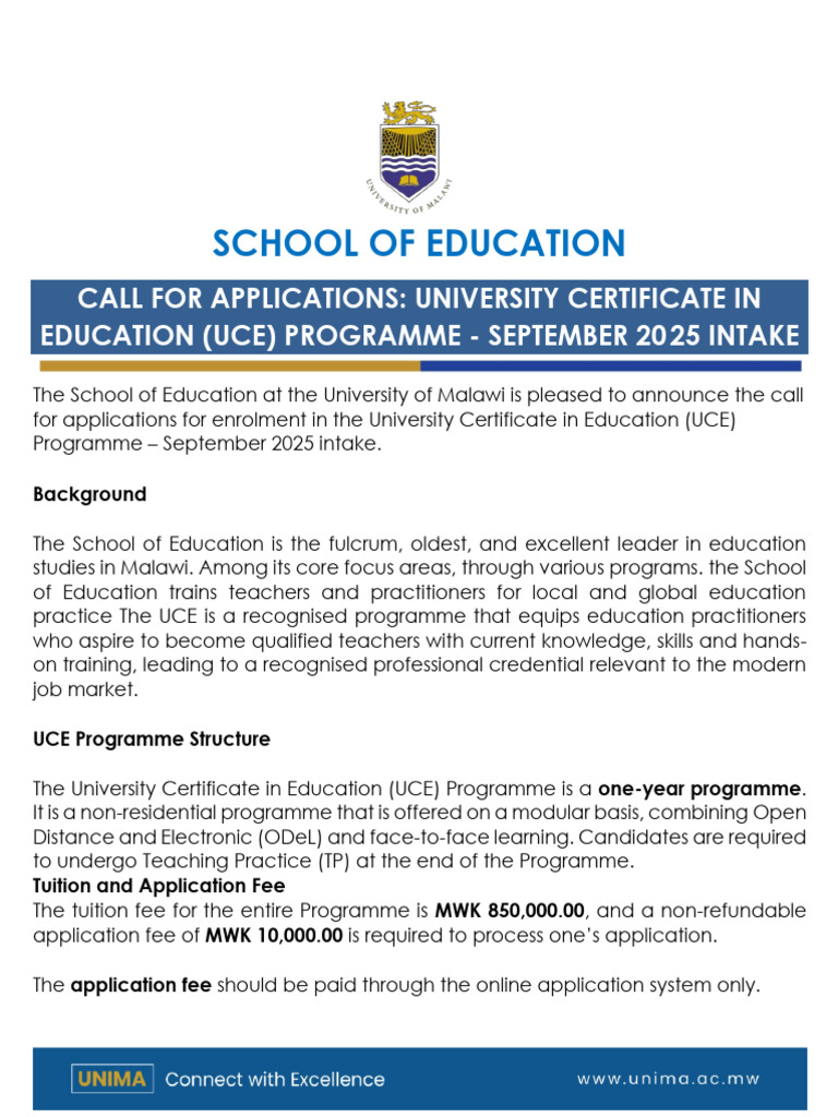 Unima University Certificate in Education-Uce Advert | PDF | University | Educational Stages