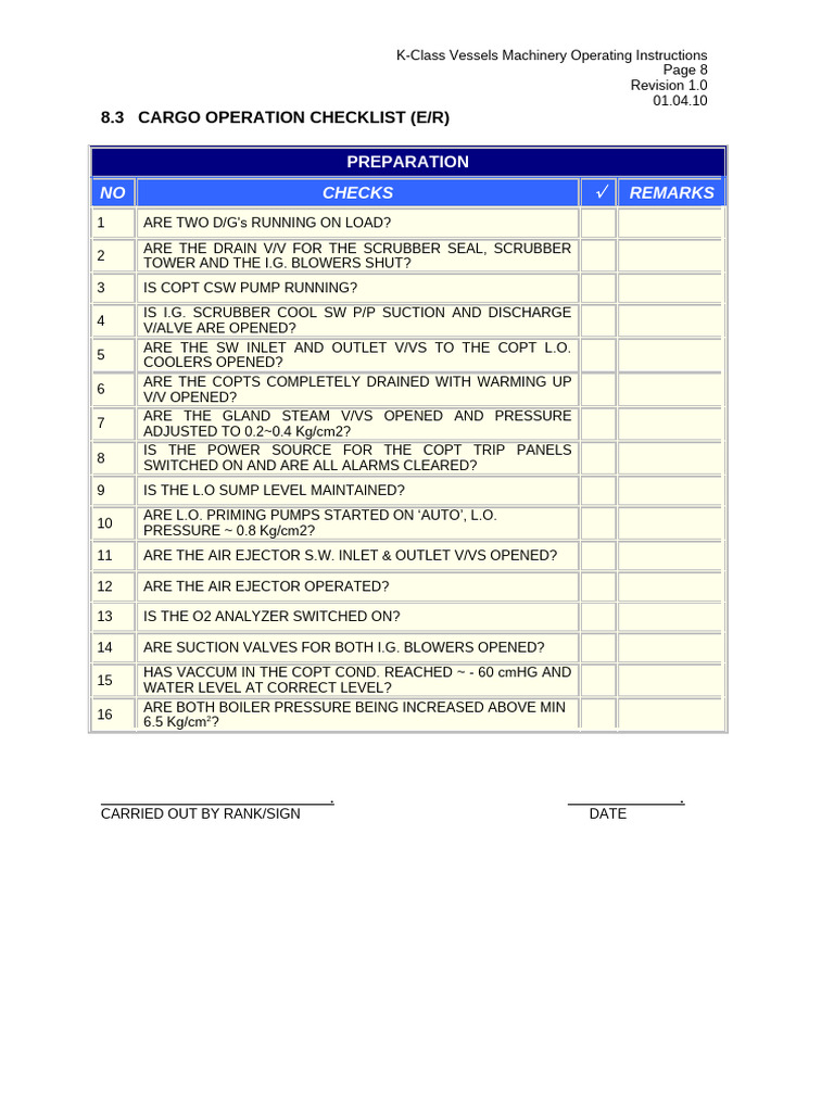 Cargo Operation Checklist for COPT | PDF | Pump | Boiler