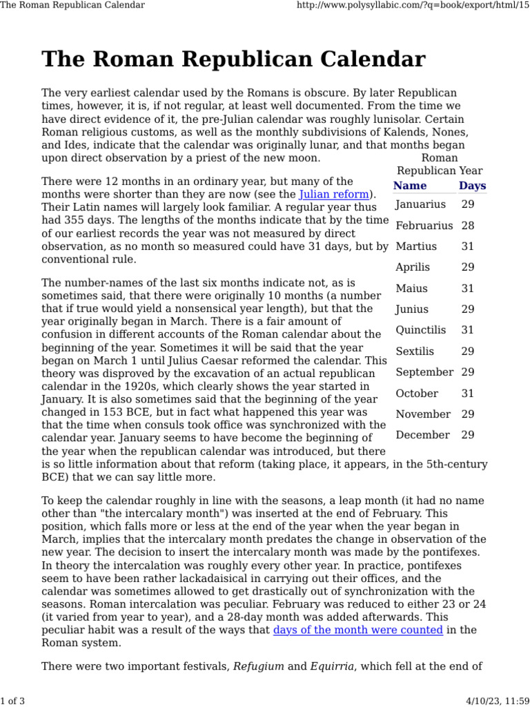 Roman Republican Calendar Overview | PDF | Calendar | Ancient Rome