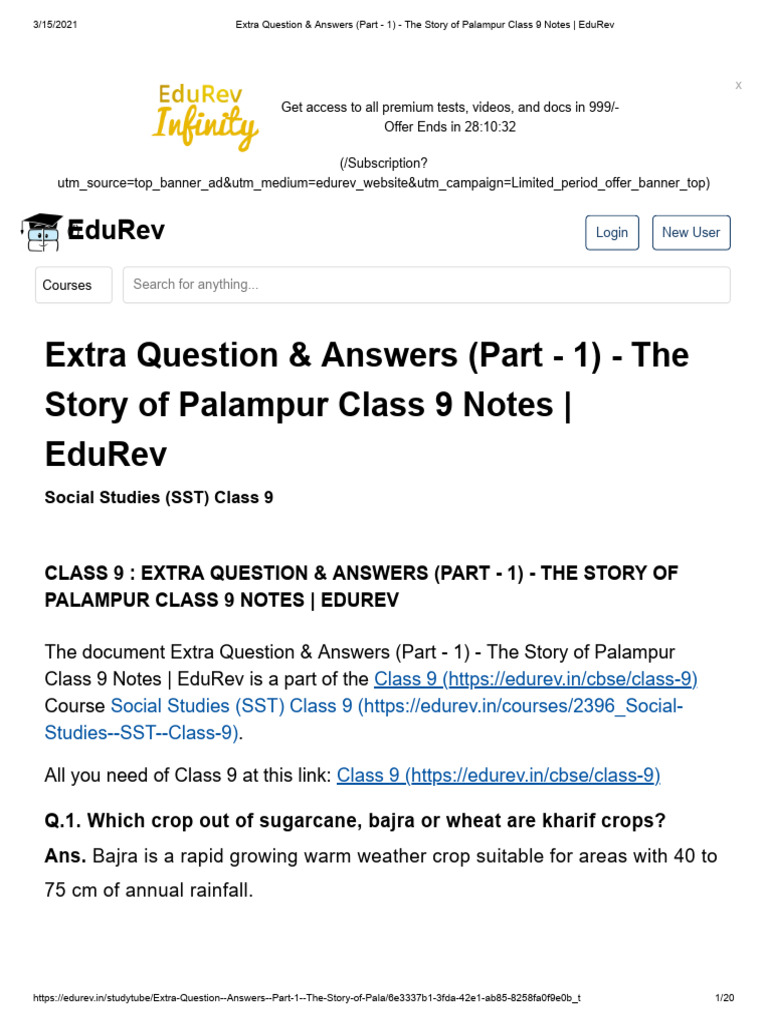 Extra Question & Answers (Part - 1) - The Story of Palampur Class 9 ...
