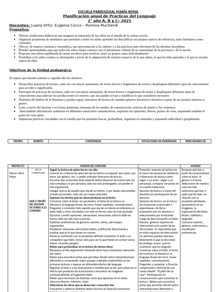 Planificación Anual de Lenguaje 2025 | PDF | Escritura | Puntuación