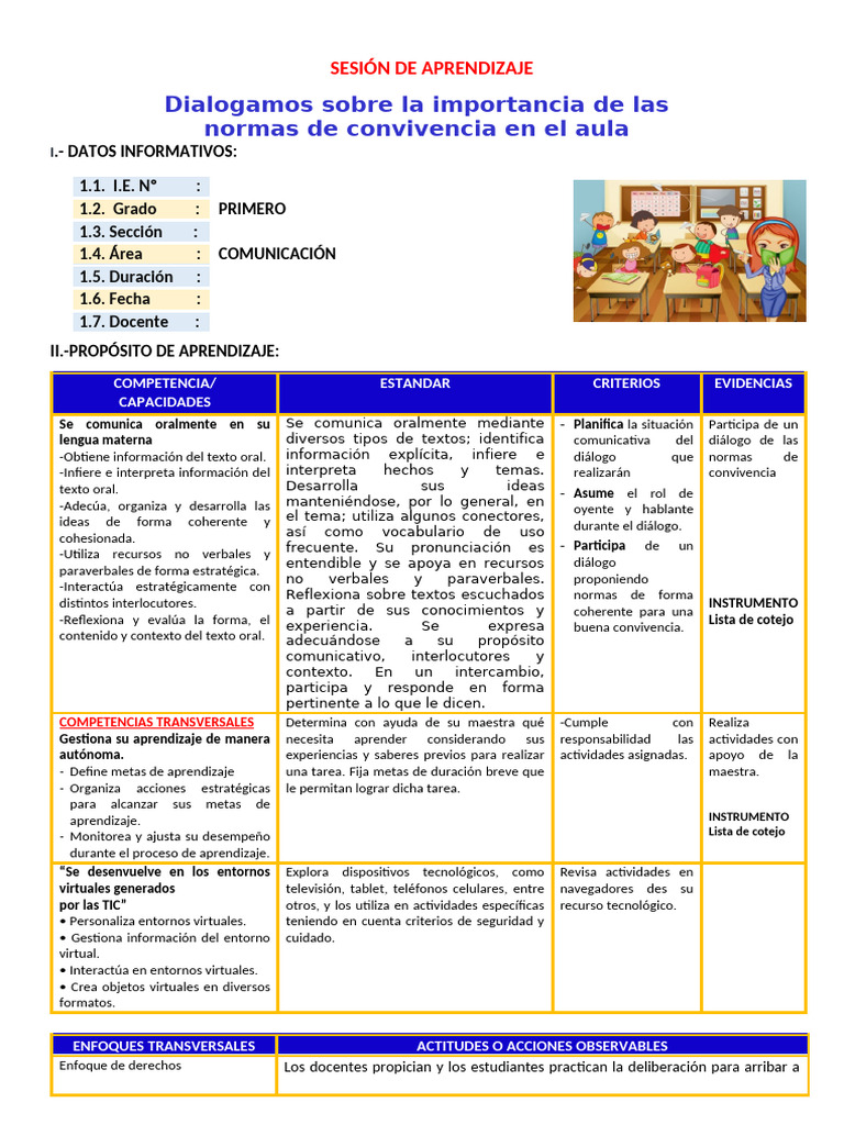 D1 A1 SES. COM. Dialogamos Sobre La Importancia de Las Normas de Convivencia en El Aula | PDF ...