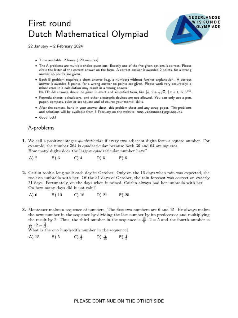 Dutch Math Olympiad 2024 Problems | PDF | Numbers | Mathematics