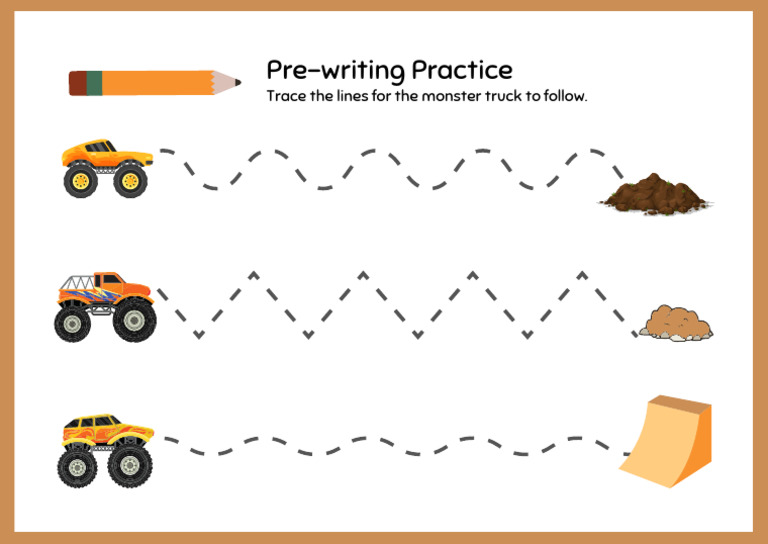 Illustrative Fine Motor Monster Truck Tracing Worksheet | PDF