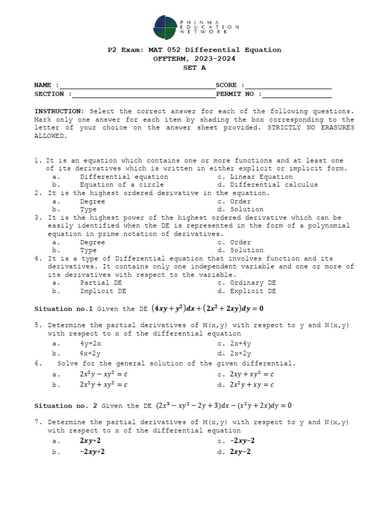 Mat 052 P2 Set A Questionnaire | PDF | Derivative | Equations