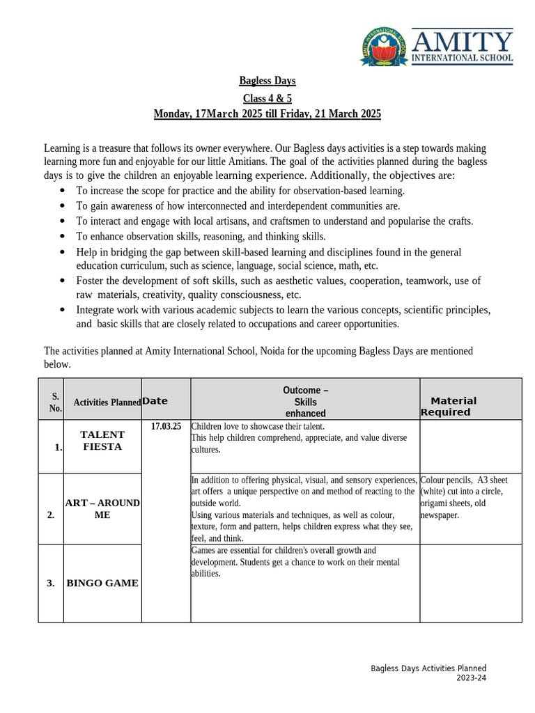 Bagless Day Activities for Classes 4 & 5 | PDF | Experience | Creativity