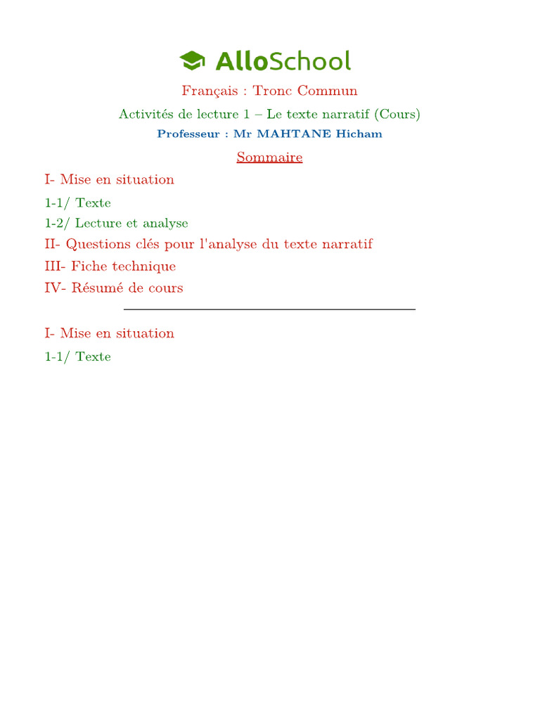 Activites de Lecture 1 Le Texte Narratif Cours | PDF