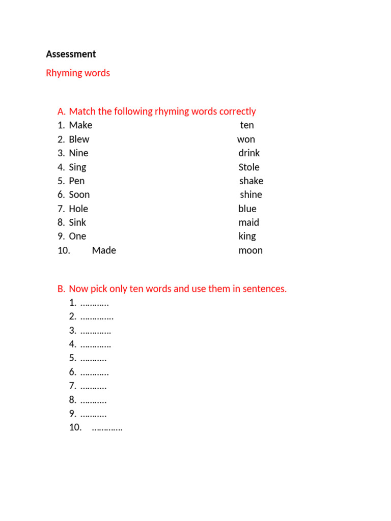Rhyming Words Assessment Activity | PDF