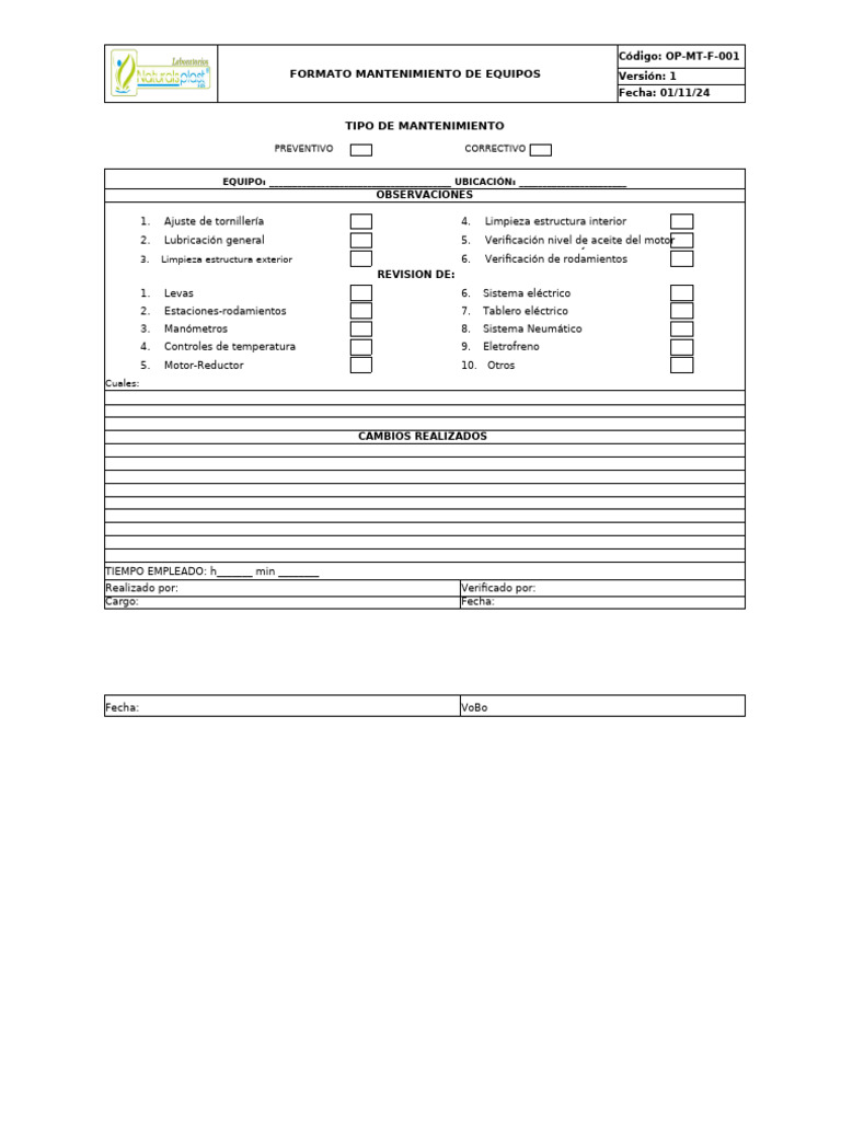 OP-MT-F-001 Formato Mantenimiento de Equipos | PDF