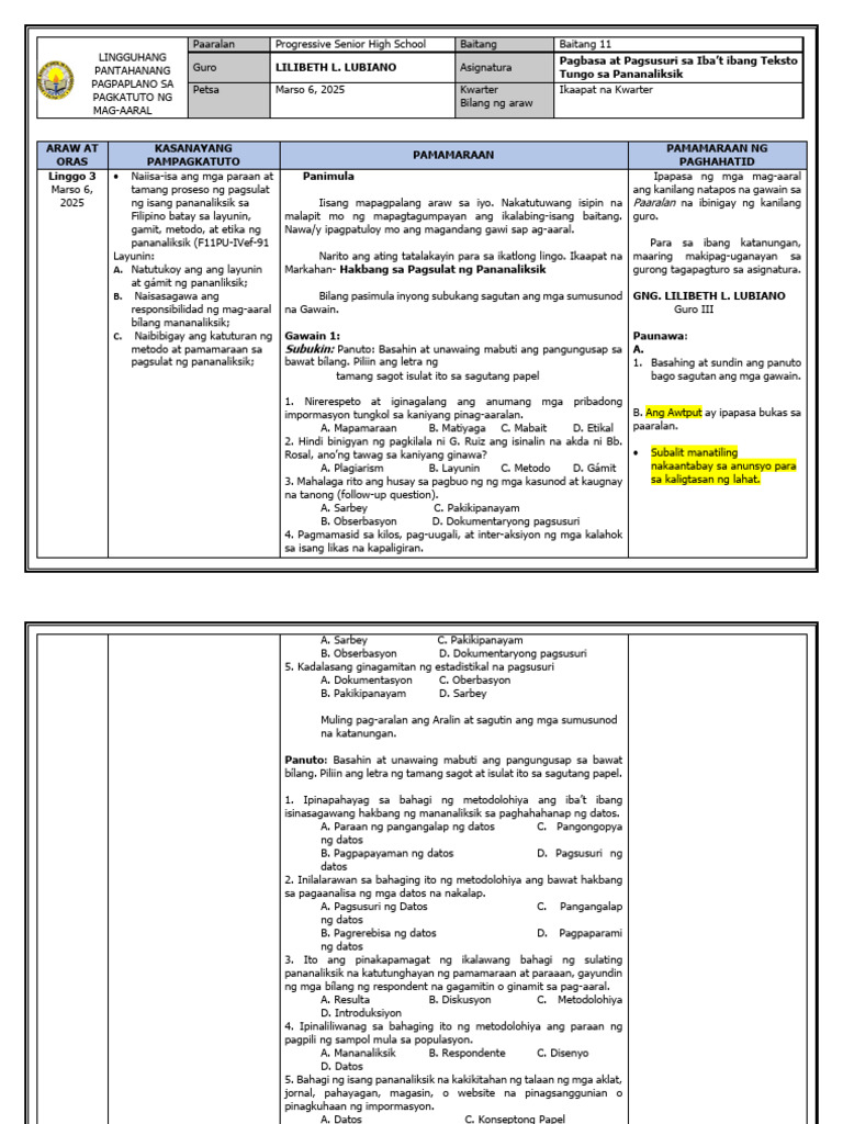 Q4w3 Core Pagbasa at Pagsususri NG Ibat Ibang Teksto Tungo Sa Pananaliksik11 Weeks 3 | PDF