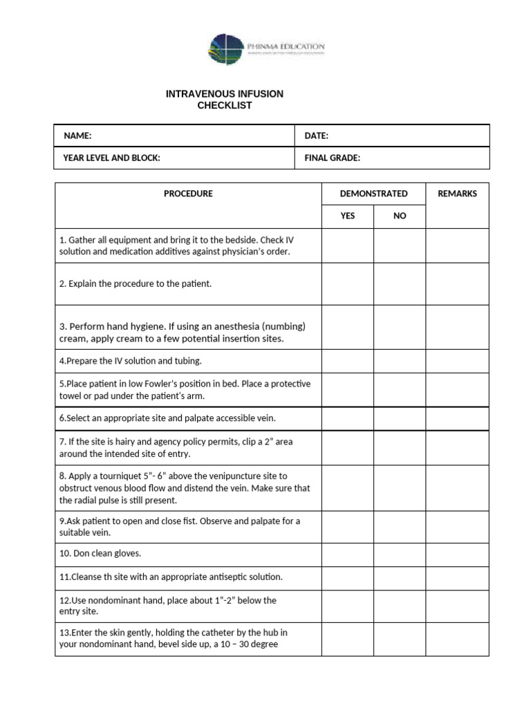 Copy of IV INSERTION CHECKLIST | PDF | Intravenous Therapy | Medical ...