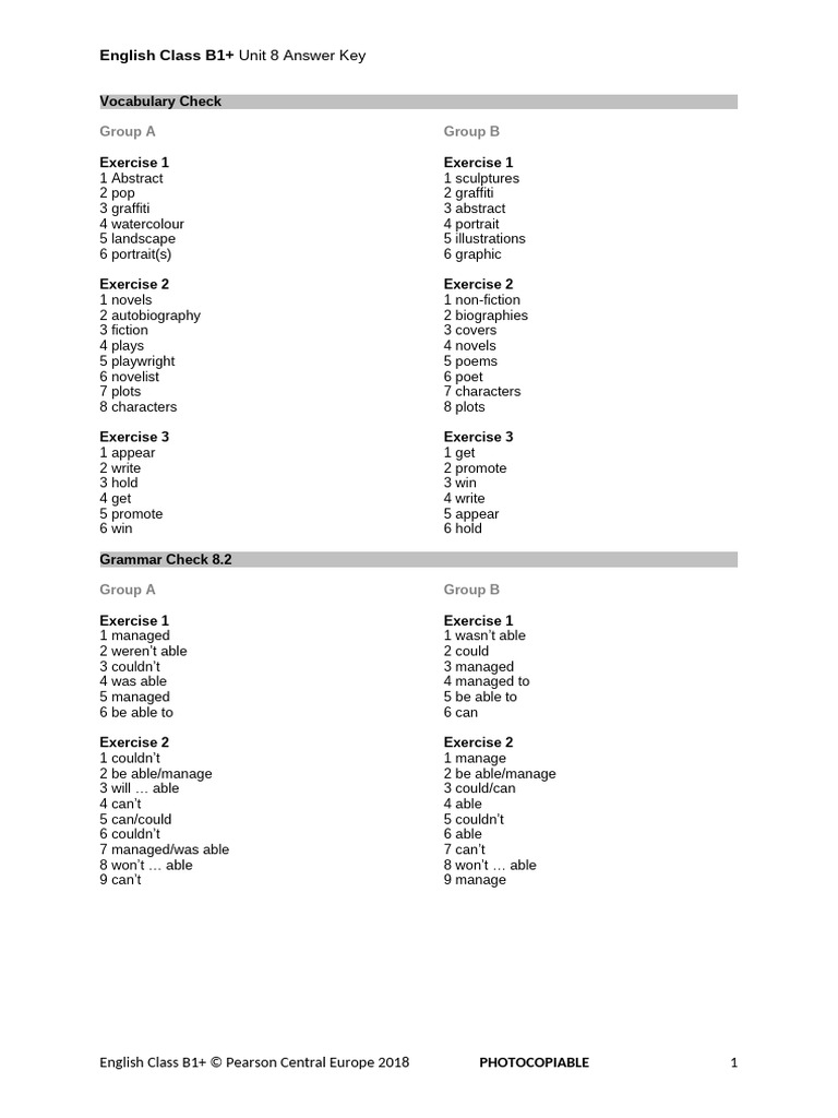 EC - B1P - Answer Key Unit 8 | PDF