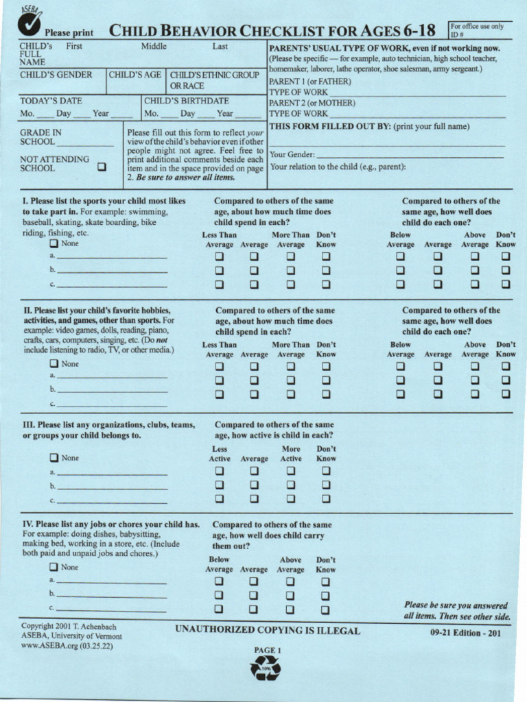 Child Behavior Checklist (16670) | PDF