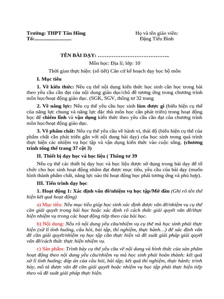 Phu Luc 4 Mau Ke Hoach Bai Day | PDF