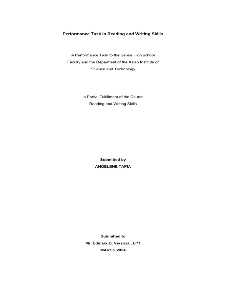 Performance Task in Reading and Writing Skills | PDF | Gender ...