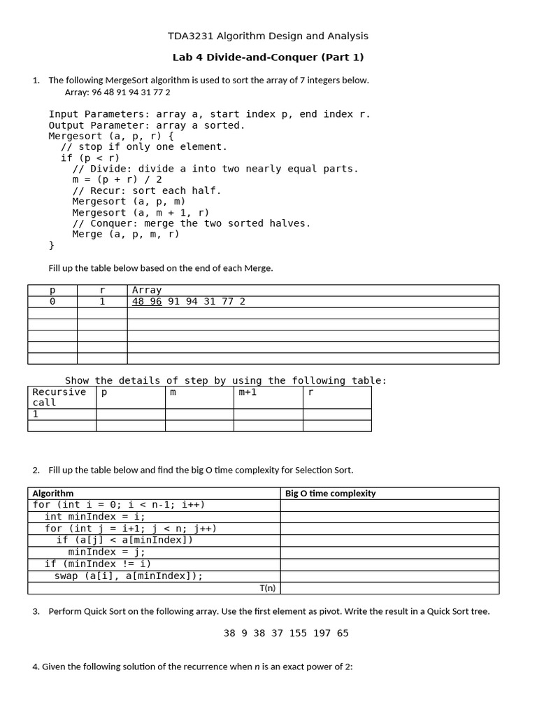 Lab04 Divide-and-Conquer (Part 1) | PDF | Function (Mathematics) | Mathematical Logic