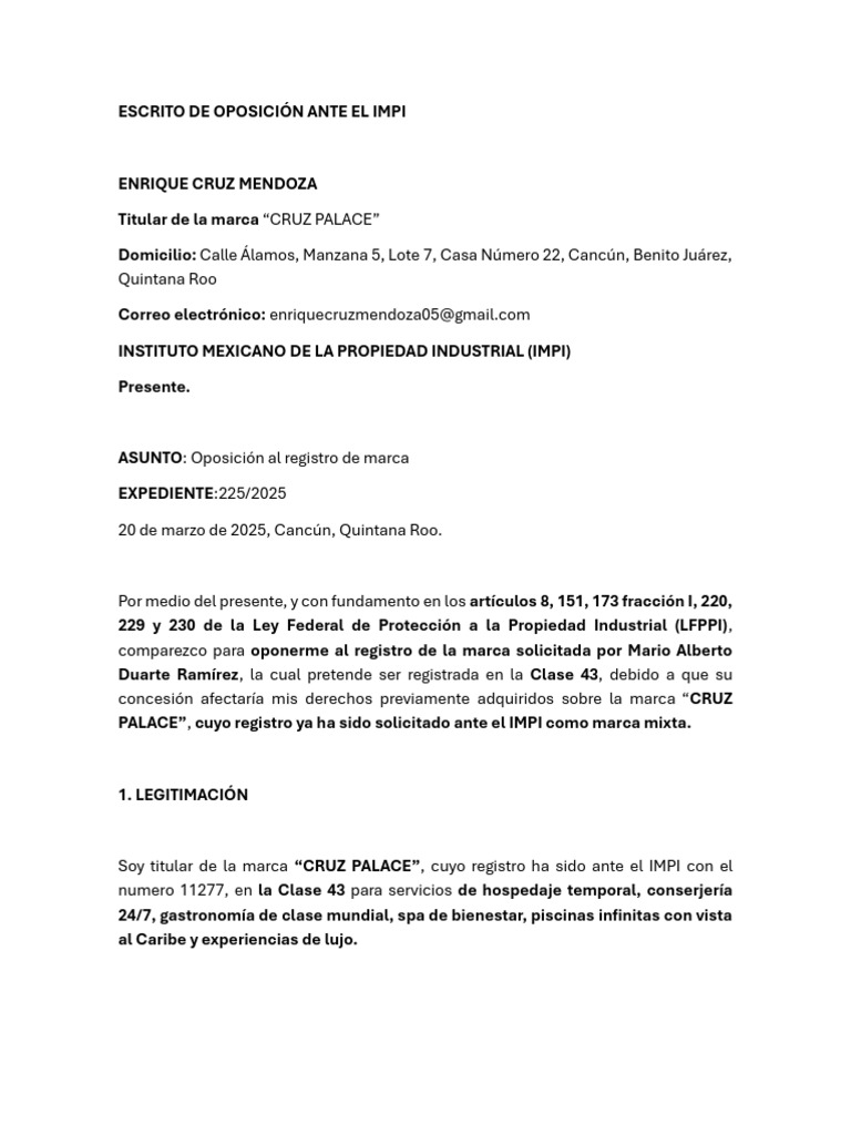 Escrito de Oposición Ante El Impi | PDF