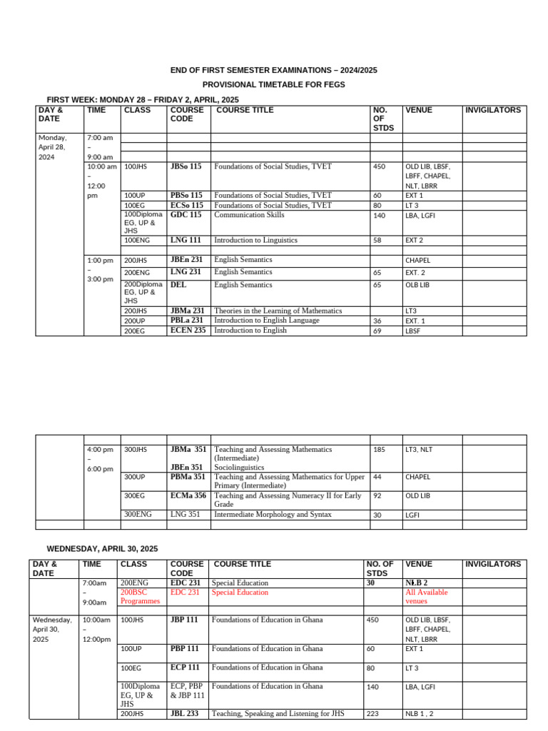 FEGS Provisional Exams Timetable First Semester-1 | PDF | Human ...