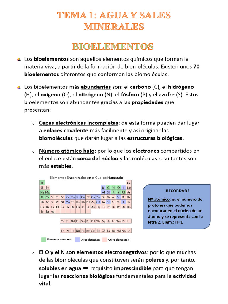 TEMA 1 Agua y Sales Minerales | PDF | Polaridad química | Propiedades del agua
