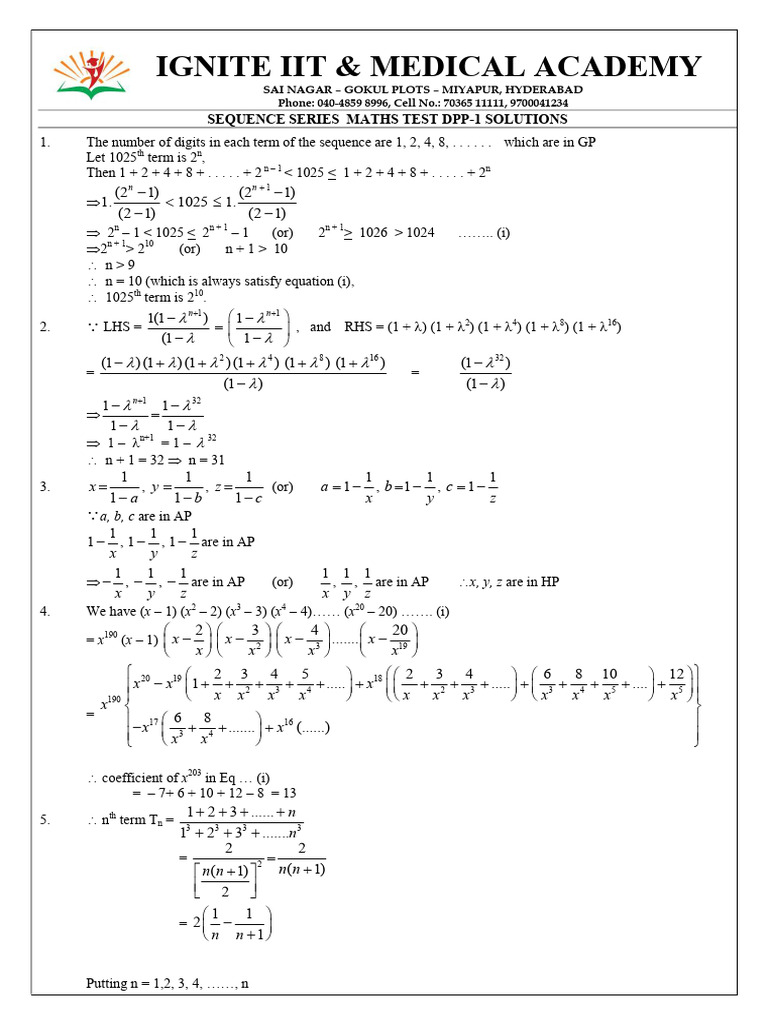 Sr Vision ignite SEQUENCE & SERIES Maths DPP - Q.P 13-09-2024 - SOlutions | PDF | Mathematics