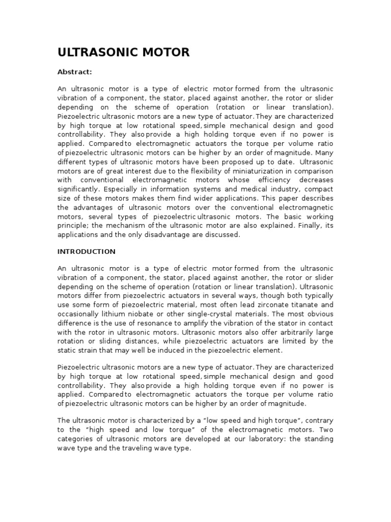 Ultrasonic Motor Abstract | PDF | Piezoelectricity | Electric Motor