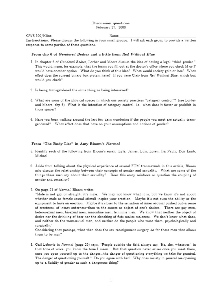 Body Lies Discussion Questions | PDF | Gender | Gender Studies