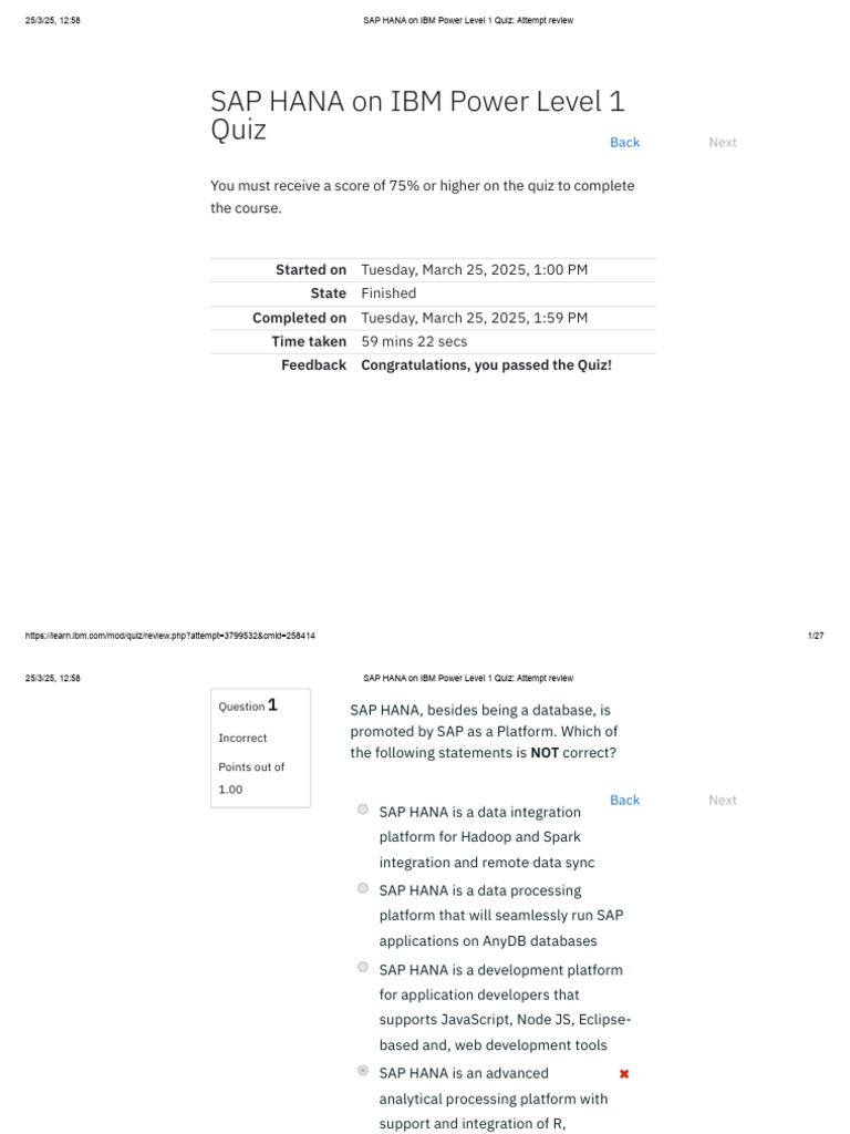 SAP HANA on IBM Power Level 1 Quiz_ Attempt Review (1) | PDF | Virtualization | Computer Engineering